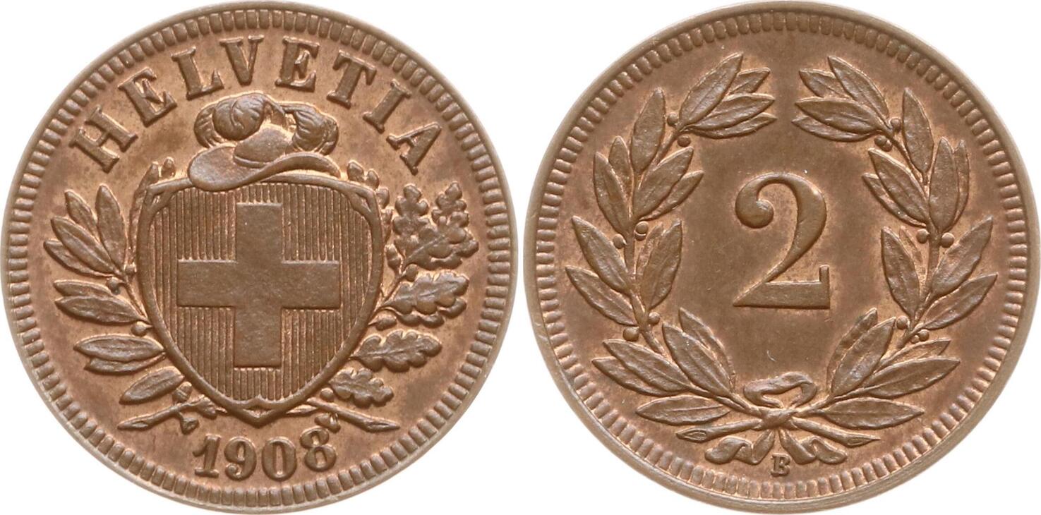 Schweiz 2 Rappen 1908 B Besser als vorzüglich mit feinem Prägeglanz, winz. Kr. | MA-Shops