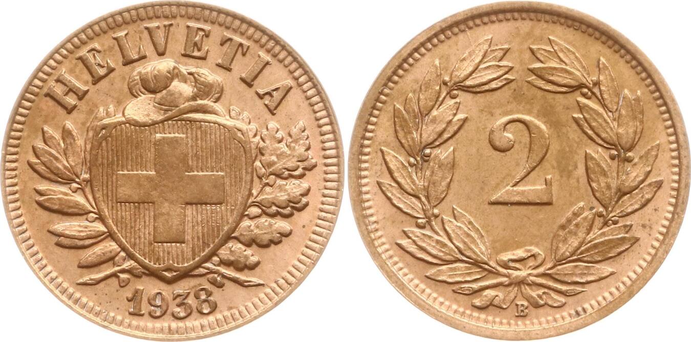 Schweiz 2 Rappen 1938 B Sehr schön - vorzüglich, etwas gereinigt | MA-Shops
