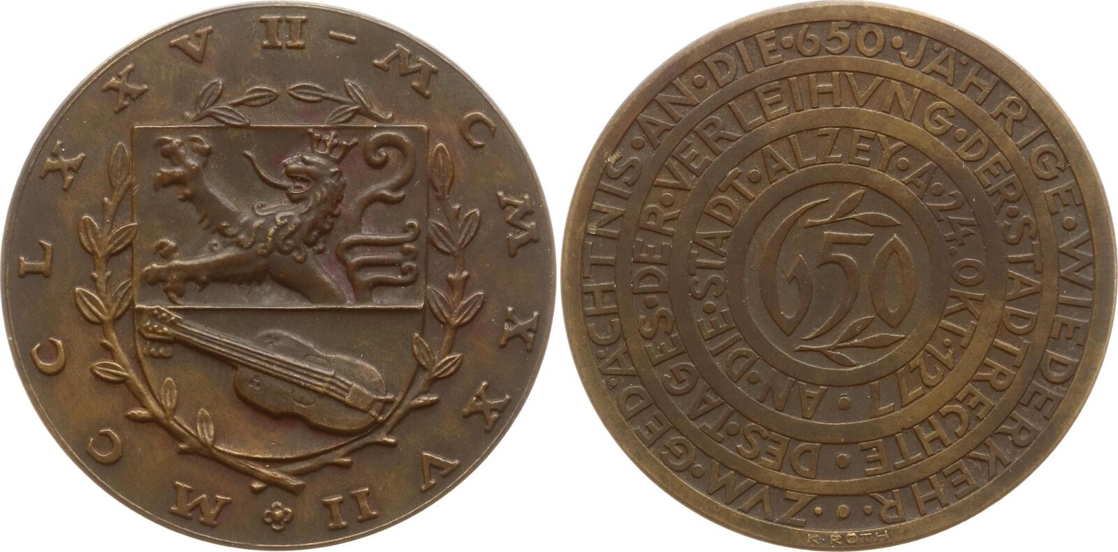 Stadt Alzey Bronzemedaille 1927 von Karl Roth, 650 Jahre Stadtgründung ...