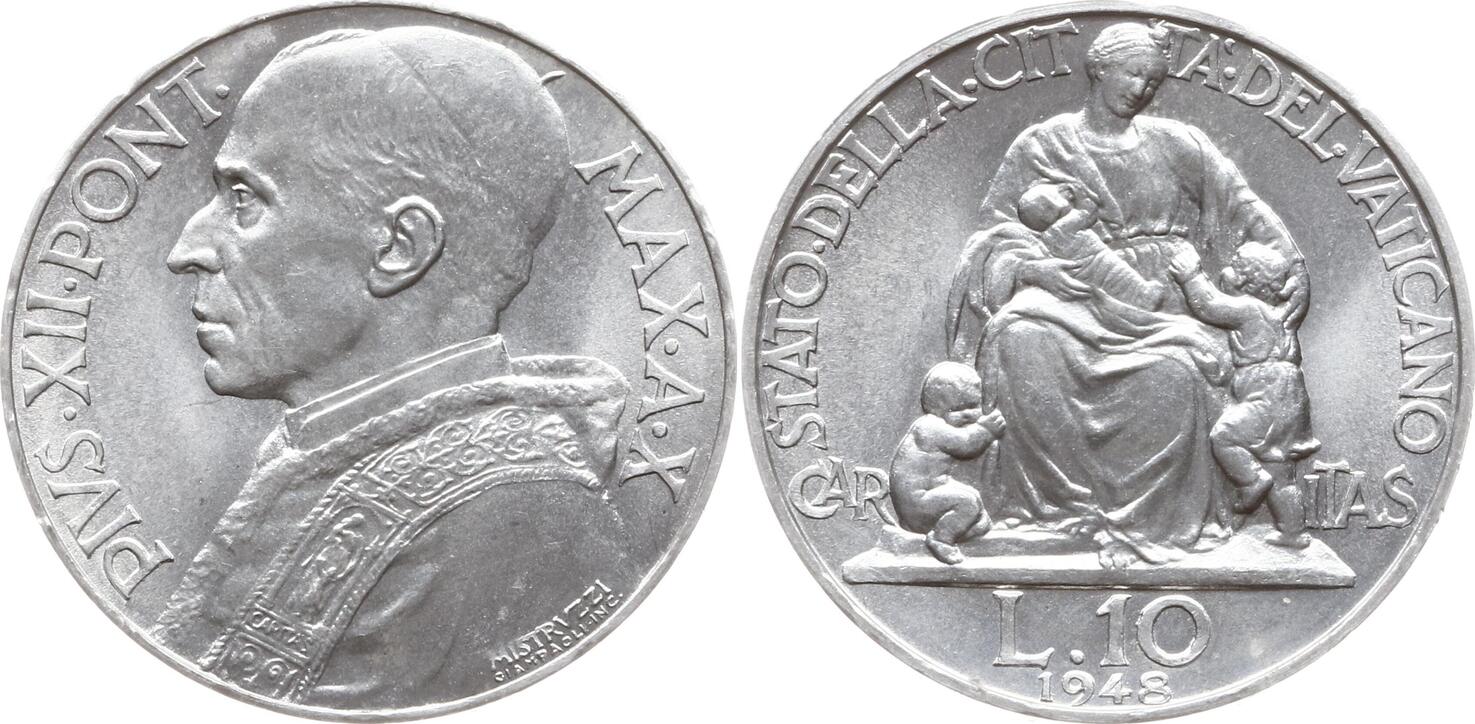 Vatikan 10 Lire 1948 Pius XII., 1939 - 1958, Aluminium Vorzüglich - Stempelglanz, winz. Kr. | MA ...