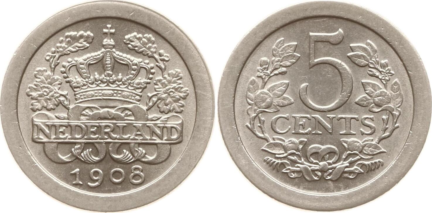 Niederlande, Königreich 5 Cent 1908 Wilhelmina, 1890 - 1948 Vorzüglich ...