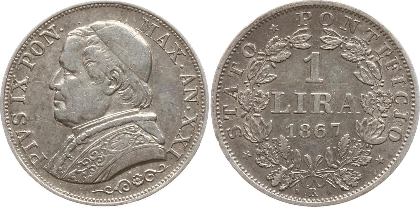 Vatikan 1 Lira 1867 R, An XXI Pius IX., 1846 - 1878 Besser als sehr schön | MA-Shops