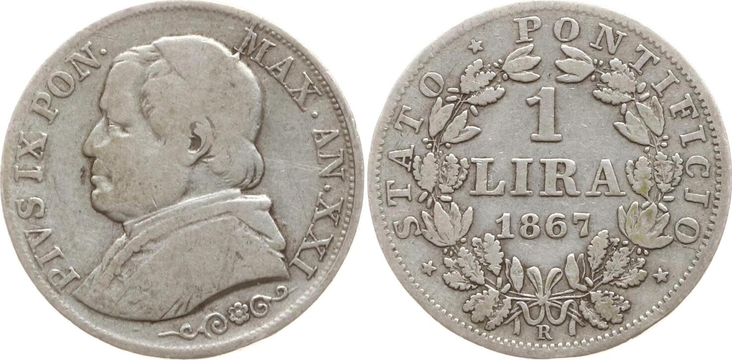 Vatikan 1 Lira 1867 R, An XXI Pius IX., 1846 - 1878 Fast sehr schön | MA-Shops