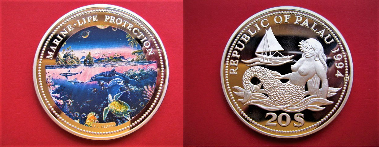 Palau - Inseln 20 Dollars 1994 20 $ Dollar - 5 Unzen Silber COLOR - Farbmünze Marine Lift ...