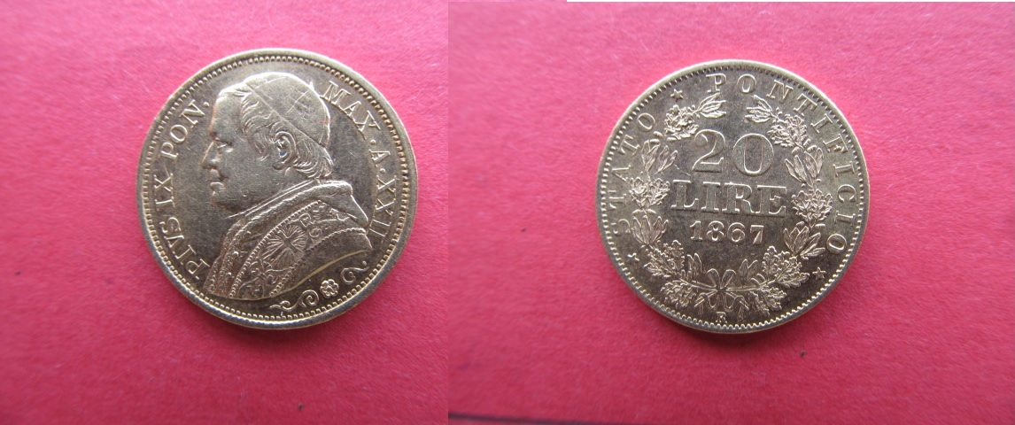 Vatikan / Vatican / Vaticano 1867 R Gold - Kirchenstaat - 20 Lire, Rom 1867 Pius IX. 1846-1878 ...