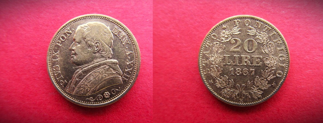 Vatikan / Vatican / Vaticano 1867 R Gold - Kirchenstaat - 20 Lire, Rom 1867 Pius IX. 1846-1878 ...