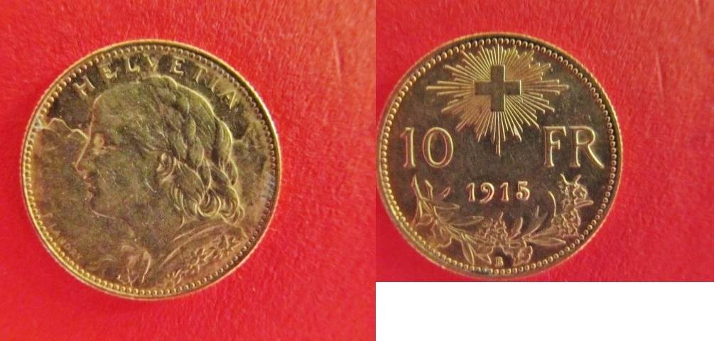 Schweiz 10 Franken Gold 1915 B Helvetia Vreneli ss-vz/vz | MA-Shops