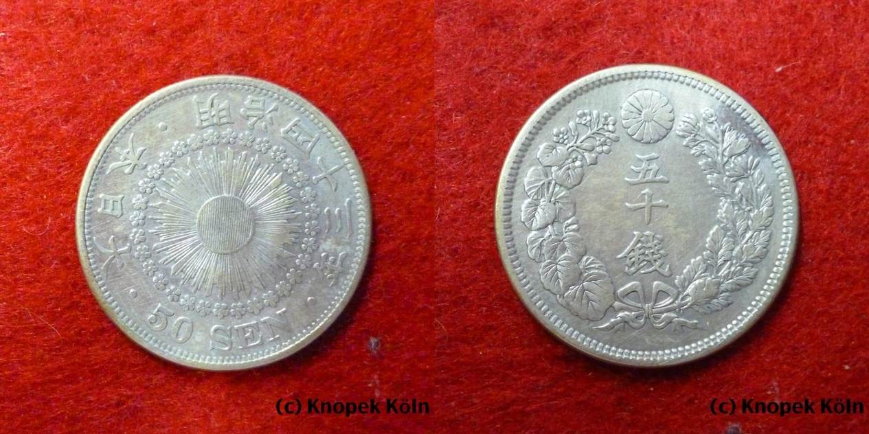 Japan 50 Sen 1910 Meiji Kaiser Tenno Mutsuhito (1867-1912), Jahr 43 ss ...