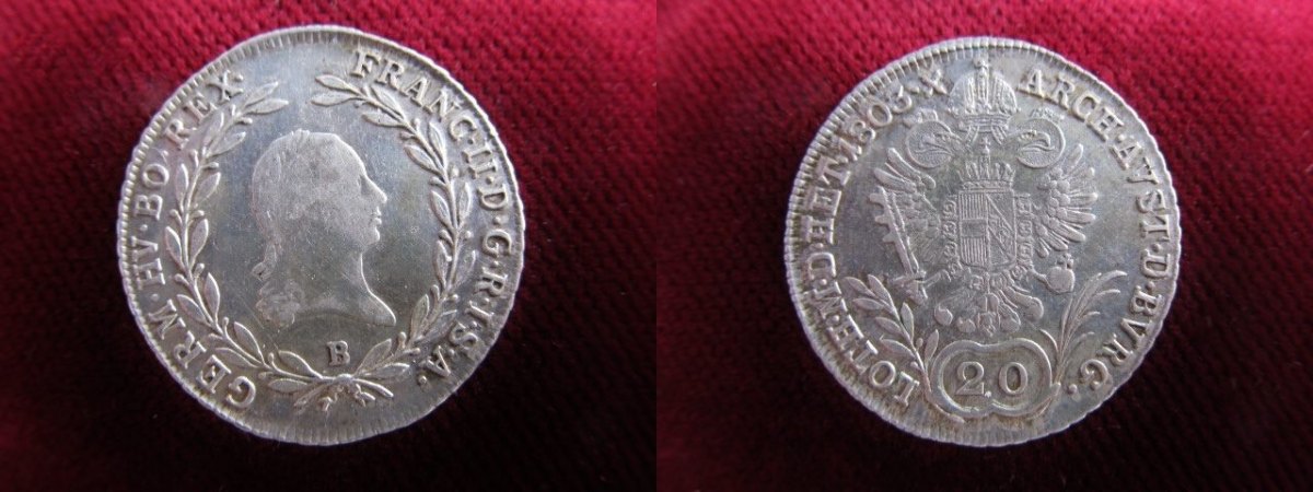RDR / Österreich 20 Kreuzer 1803 B Haus Habsburg, Franz II. (I.) 1792-1835, vz-/vz, alte Patina ...