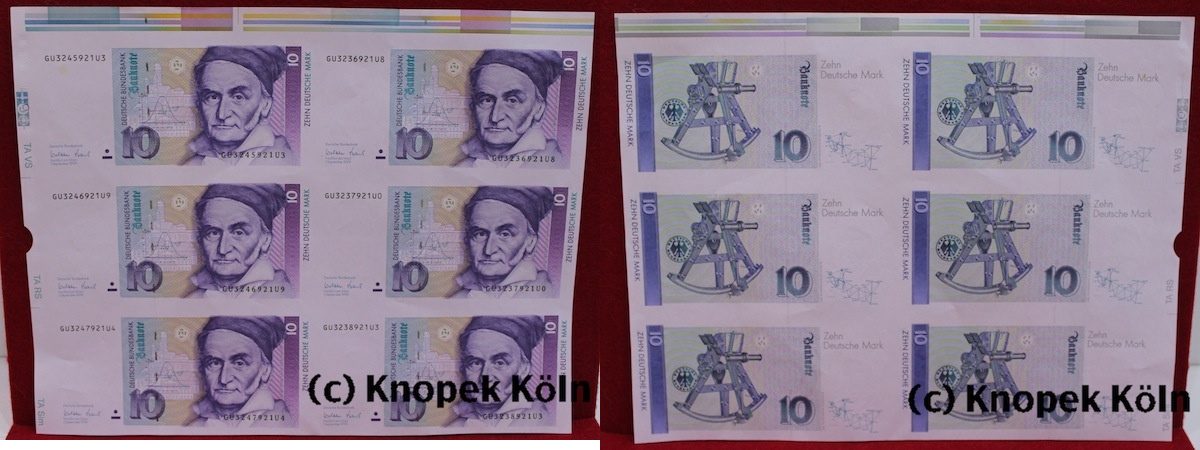 BRD 10 DM Banknoten-Bogen 6 mal 10 DM Banknote auf Bogen Serie GU Gauss ...