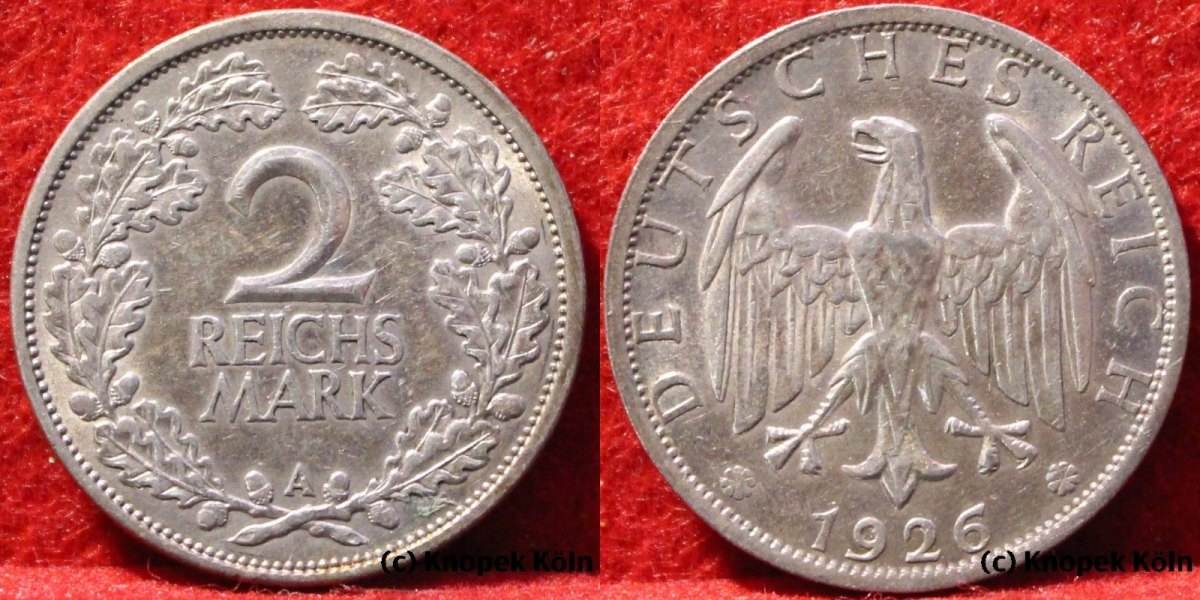 Weimarer Republik 2 Mark 1926 A Zwei Reichsmark ss+ | MA-Shops