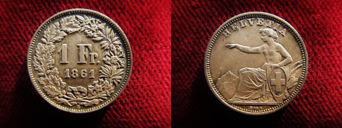 Schweiz 1 Franken 1861 B Silber, sitzende Helvetia, kl.Kratzer auf AV., vz, alte Patina | MA-Shops