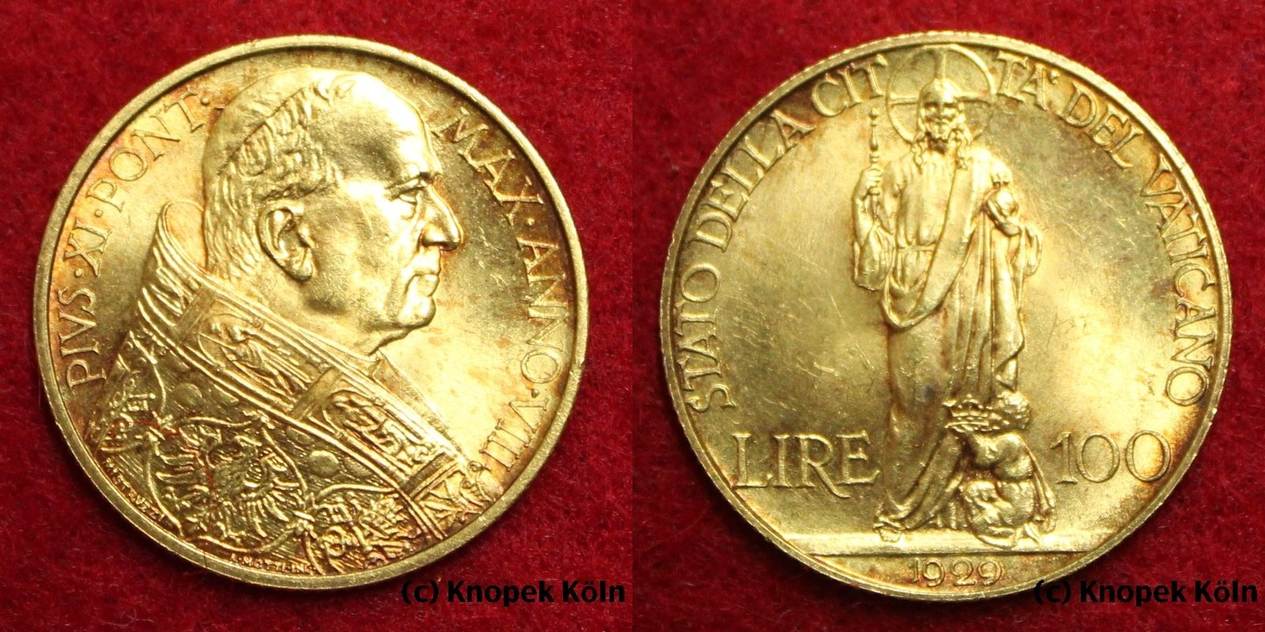 Vatikan 100 Lire (Gold) 1929 Pius XI. (1922-1939) Vatican gold coin f. stgl. | MA-Shops