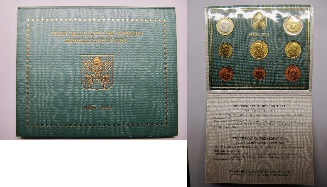 Vatikan Euro KMS 2010 € Kursmünzensatz Papst Benedikt XVI., GRÜNER Folder, 8 Werte, 1 Cent-2 ...