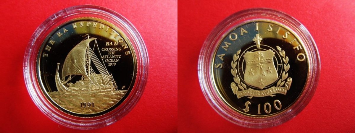 West-Samoa 100 Tala 1991 Samoa, Thor Heyerdahls RA Expedition, Gold ...