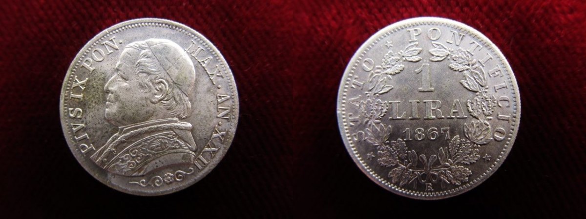 Vatikan / Kirchenstaat 1 Lira 1867 R Vatican - Vaticano - Rom, Pius IX. 1846-1878, Kratzer auf ...