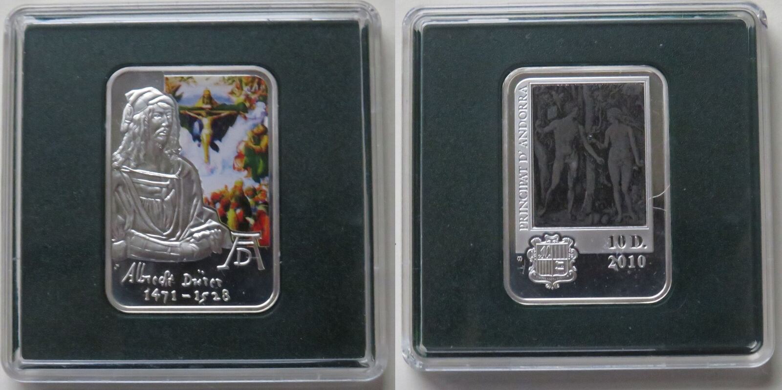 Andorra 10 Diners 2010 Albrecht Dürer, Adam und Eva, Silber-Barrenmünze ...