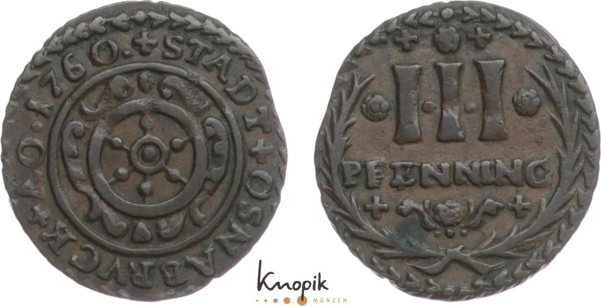 Osnabrück, Stadt Cu 3 Pfennig 1760 kl. Zainende, sehr schön | MA-Shops