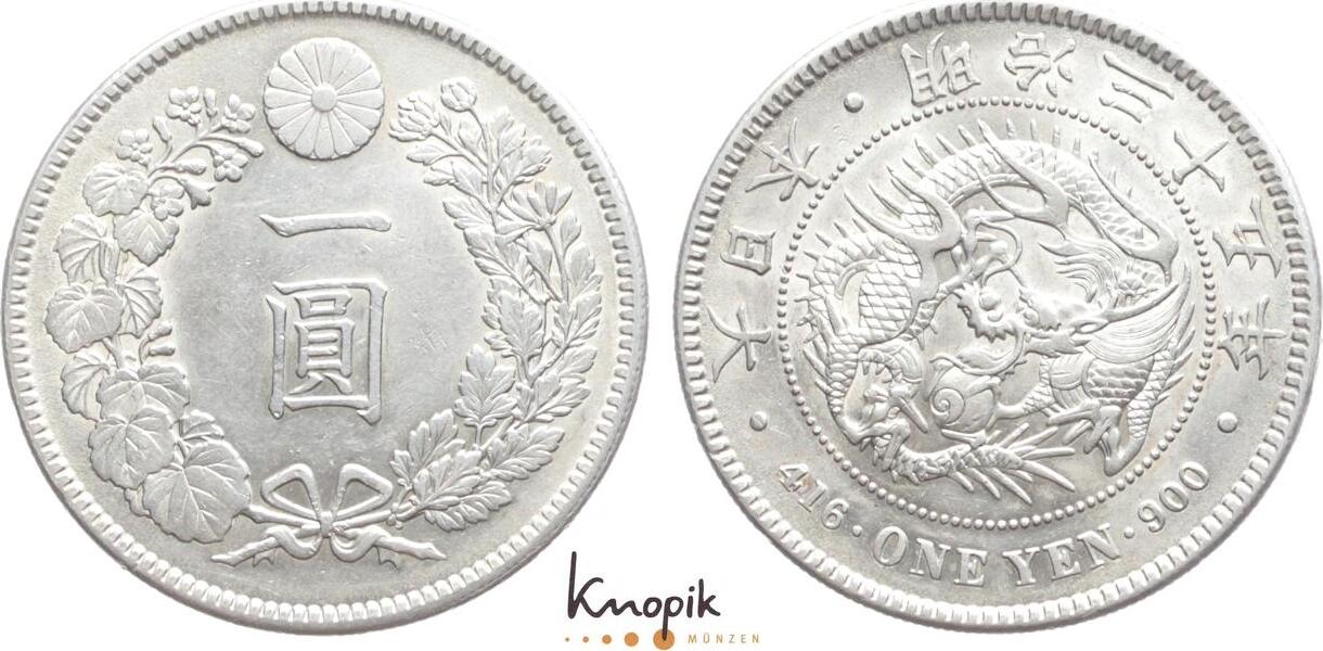 Japan Yen 1902 Mutsuhito 1867-1912. Avers kl. Kratzer, vorzüglich / vorzüglich-Stempelglanz | MA ...