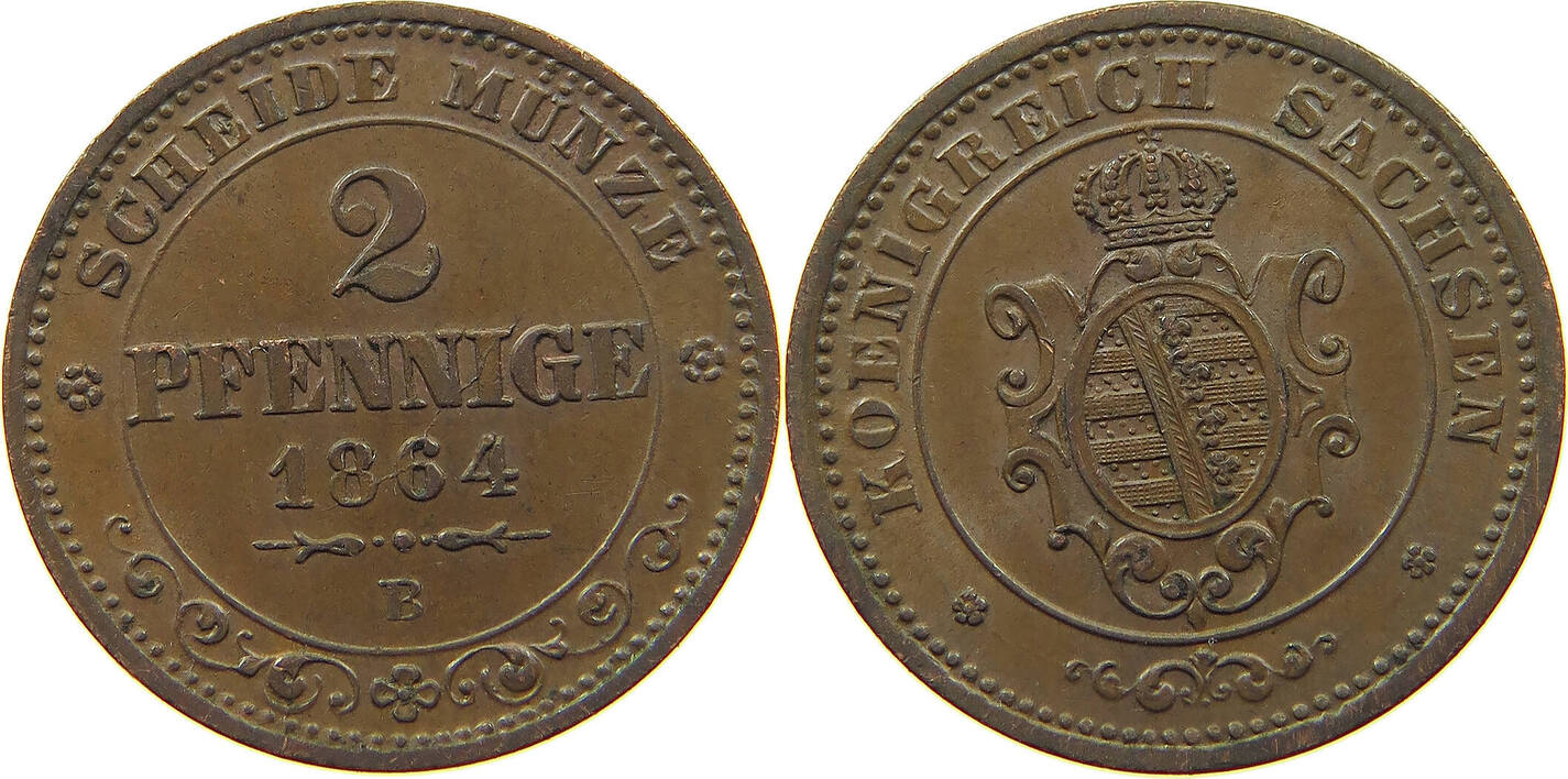SACHSEN ALBERTINISCHE LINIE 2 PFENNIG 1864 B Johann (1854-1873) SS+ | MA-Shops