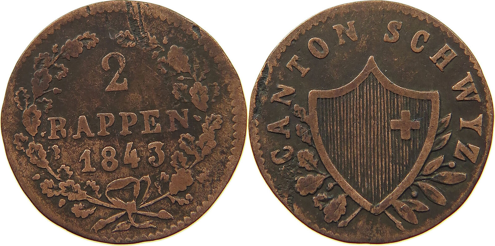 SCHWEIZ SCHWYZ 2 RAPPEN 1843 ZEITGENÖSSISCHE FÄLSCHUNG SS | MA-Shops