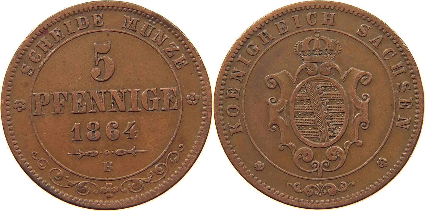 SACHSEN ALBERTINISCHE LINIE 5 PFENNIG 1864 B Johann 1854-1873. SS | MA ...