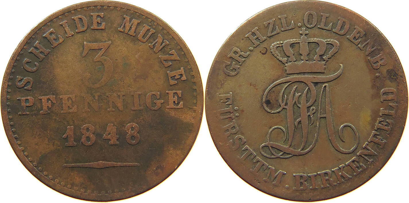 OLDENBURG 3 PFENNIG 1848 Paul Friedrich August 1829-1853. S | MA-Shops