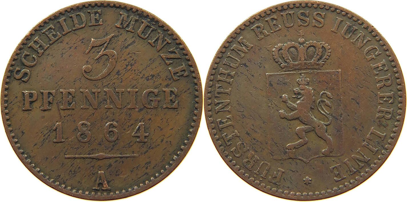 REUSS JÜNGERE LINIE ZU SCHLEIZ 3 PFENNIG 1864 A Heinrich LXVII. 1854 ...