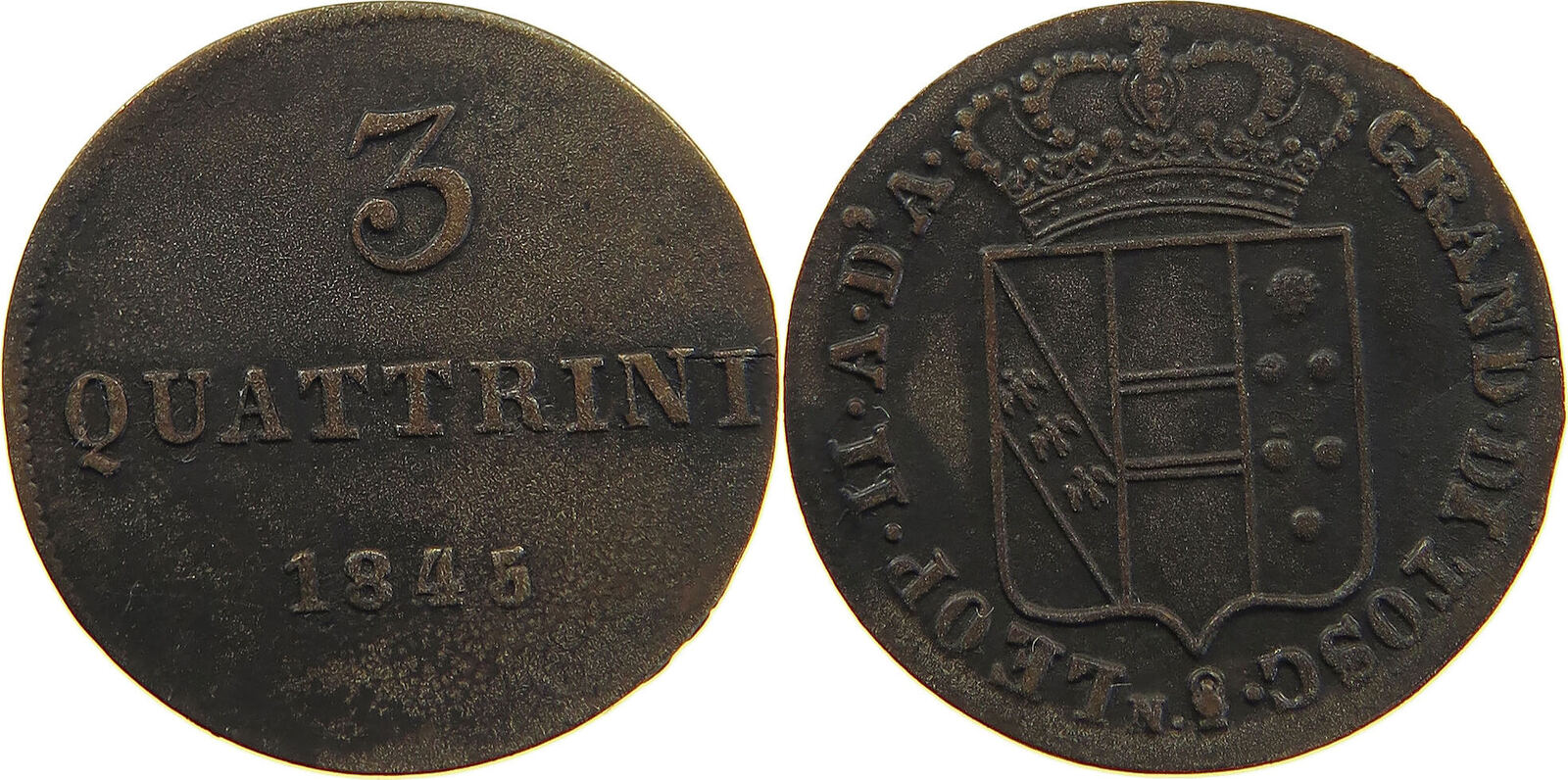 ITALY STATES TUSCANY 3 QUATTRINI 1845 Leopoldo II di Lorena (1824-1859 ...