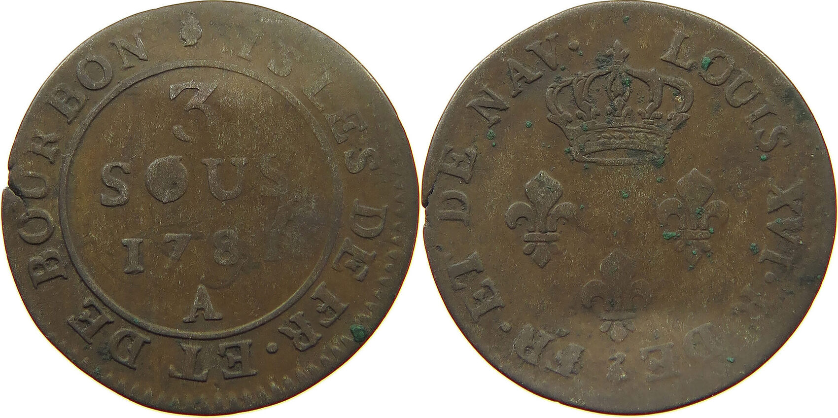 ISLE DE BOURBON FRENCH GUIANA 3 SOUS 1781 S-SS | MA-Shops