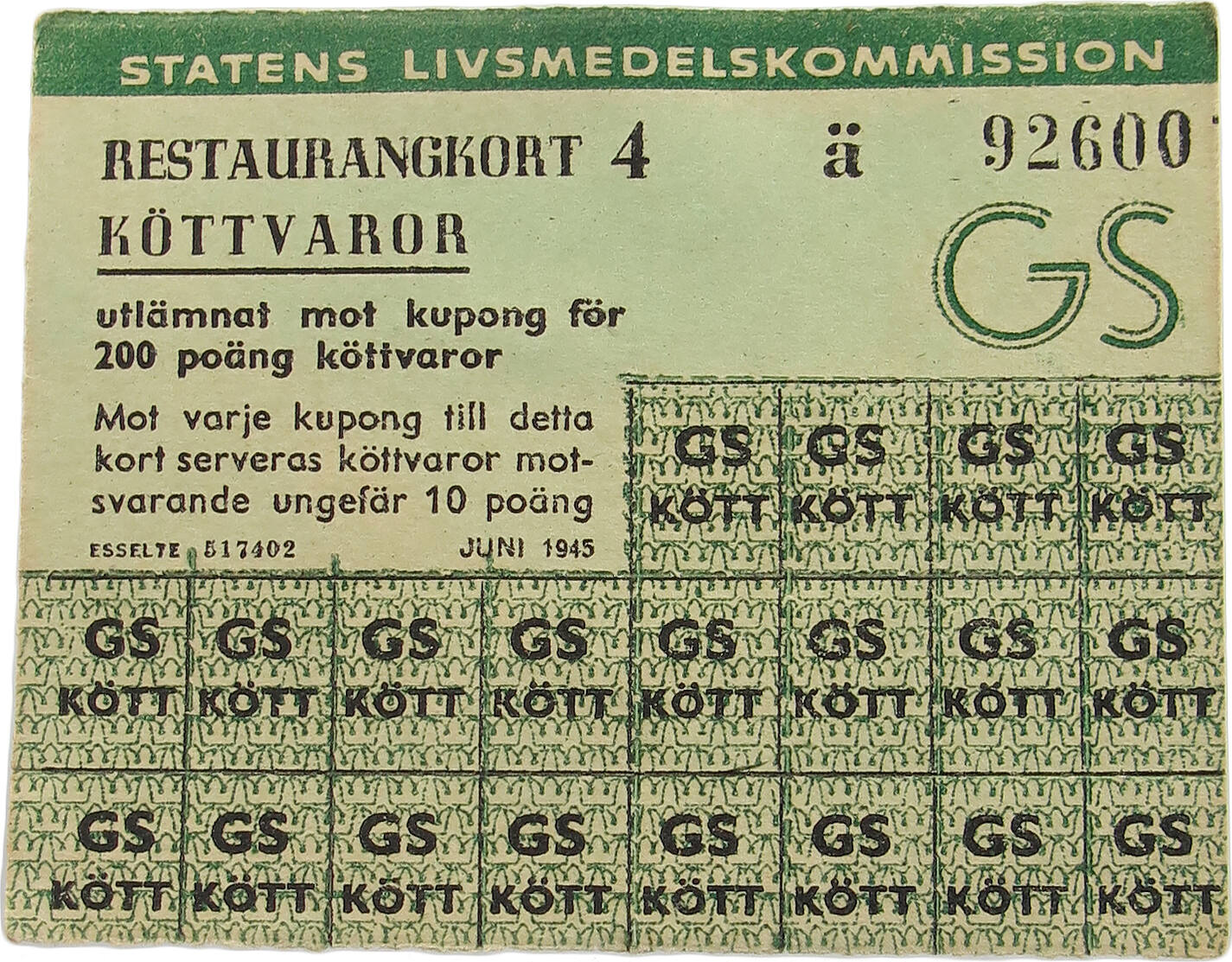 SWEDEN RATION CARD 1945 KOTT SS | MA-Shops