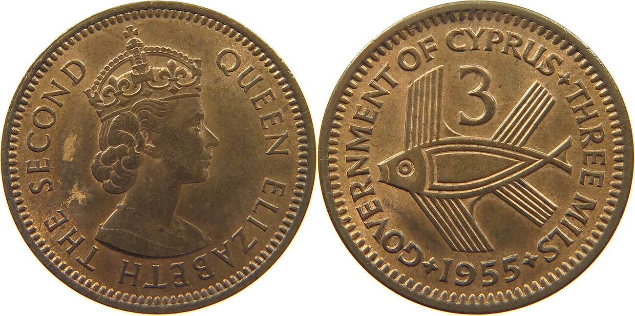 CYPRUS 3 MILS 1955 Elizabeth II. (1952-2022) VZ | MA-Shops