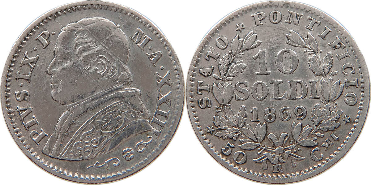 VATICAN 10 SOLDI 1869 R Pius IX. 1846-1878. SS | MA-Shops