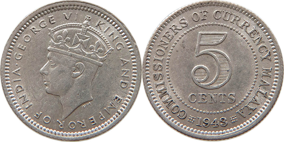MALAYA 5 CENTS 1943 George VI. (1936-1952) VZ | MA-Shops