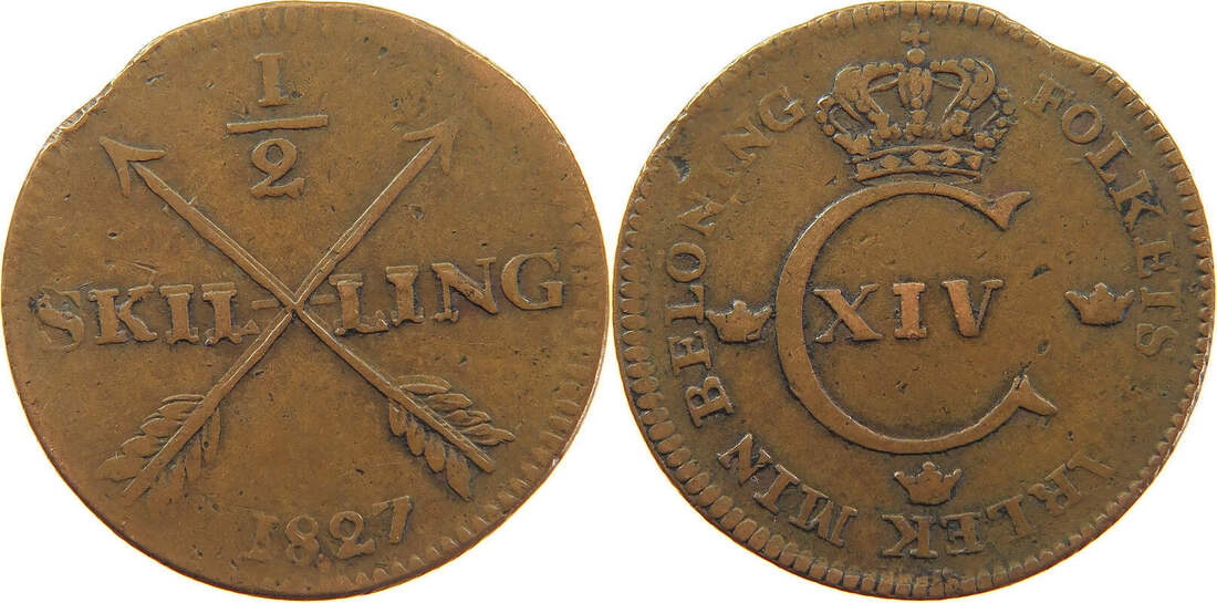 SWEDEN 1/2 SKILLING 1827 Karl XIV. Johan (1818-1844) DOUBLE STRUCK SS ...