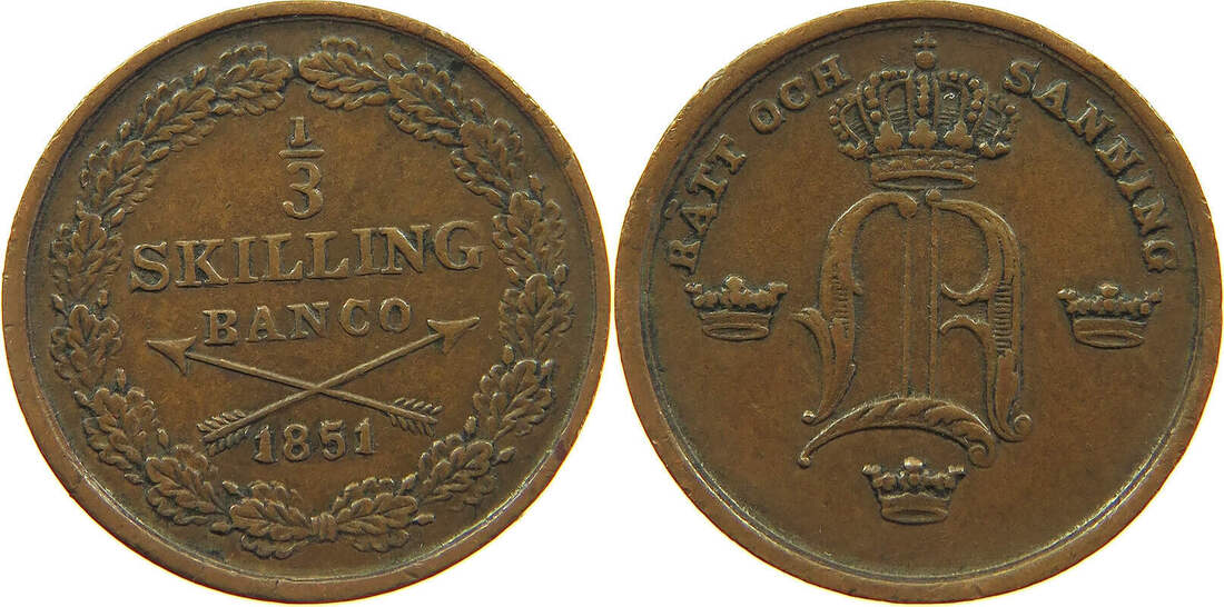 SWEDEN 1/3 SKILLING 1851 Oscar II. (1872-1907) SS | MA-Shops