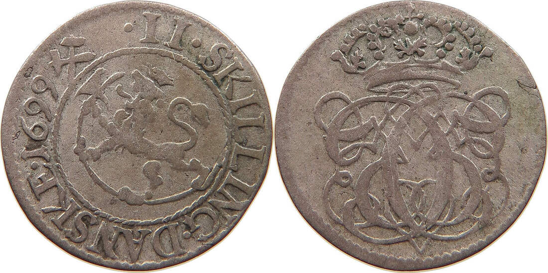 NORWAY 2 SKILLING 1699 Christian V. (1670-1699) RARE SS- | MA-Shops