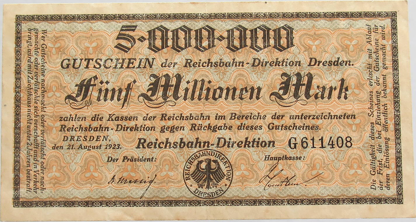 DEUTSCHLAND 5 MILLIONEN MARK 1923 REICHSBAHN DRESDEN SS | MA-Shops