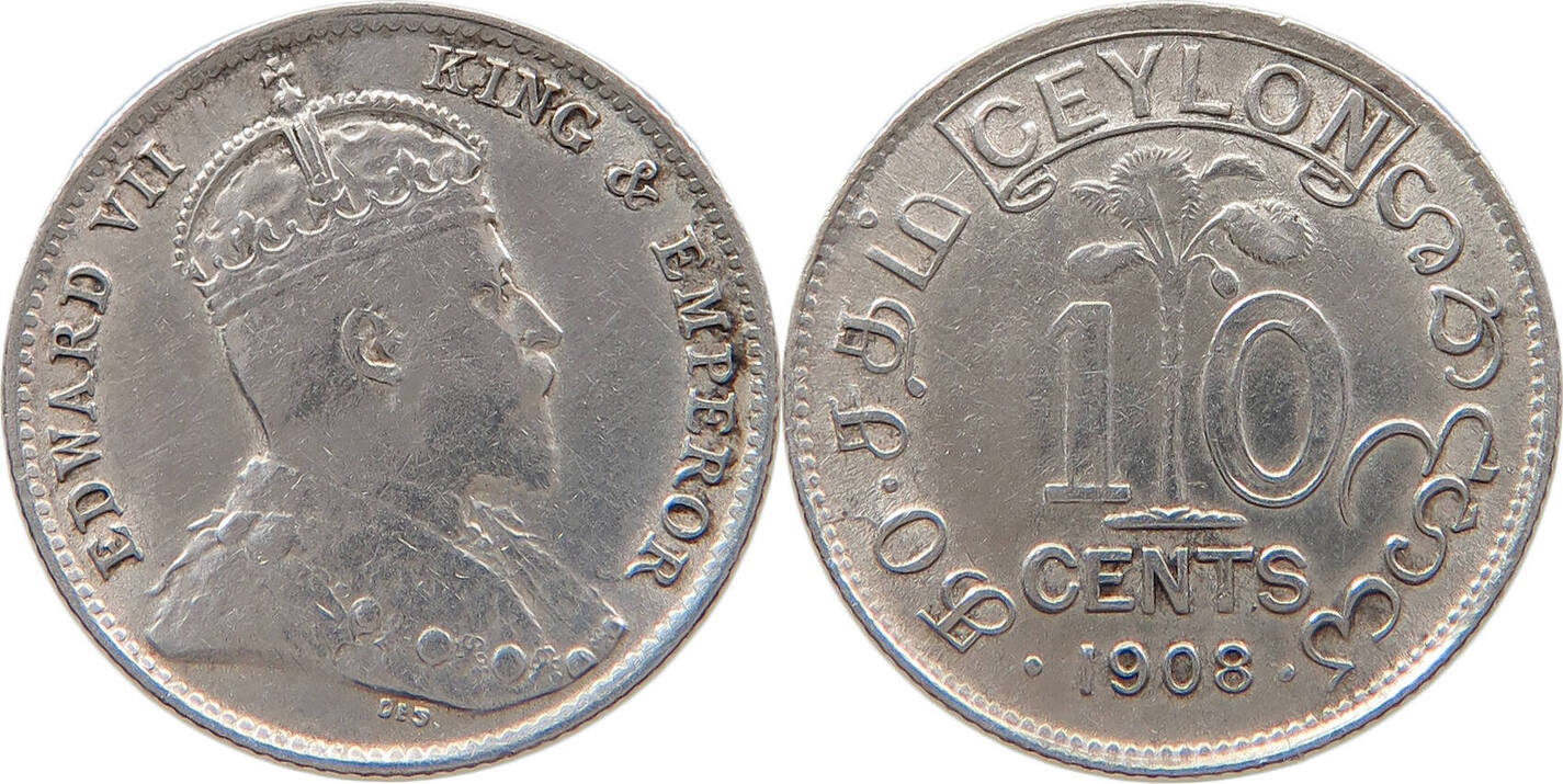 CEYLON 10 CENTS 1908 Edward VII. (1901 - 1910) SS+ | MA-Shops