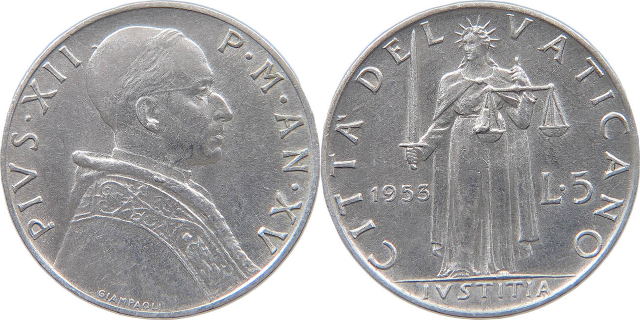 VATICAN 5 LIRE 1953 PIUS XII. (1939-1958) VZ | MA-Shops