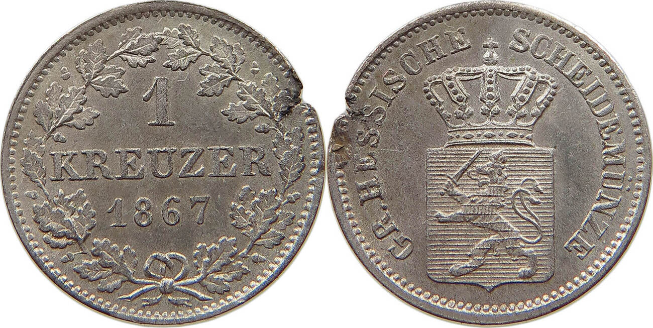 HESSEN DARMSTADT 1 KREUZER 1867 Ludwig III. 1848-1877 SS | MA-Shops