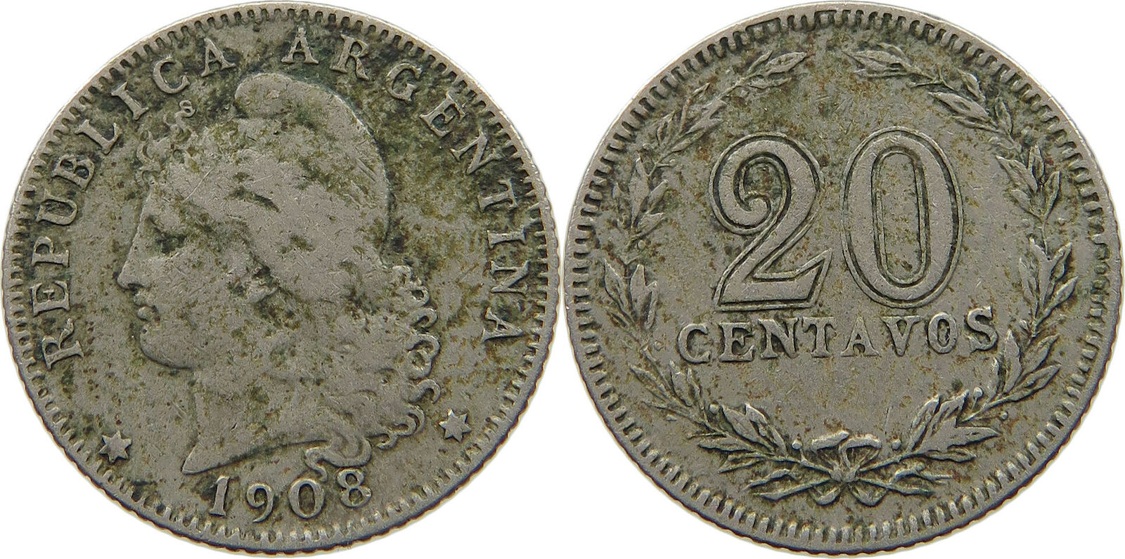 ARGENTINA 20 CENTAVOS 1908 RARE S-SS | MA-Shops