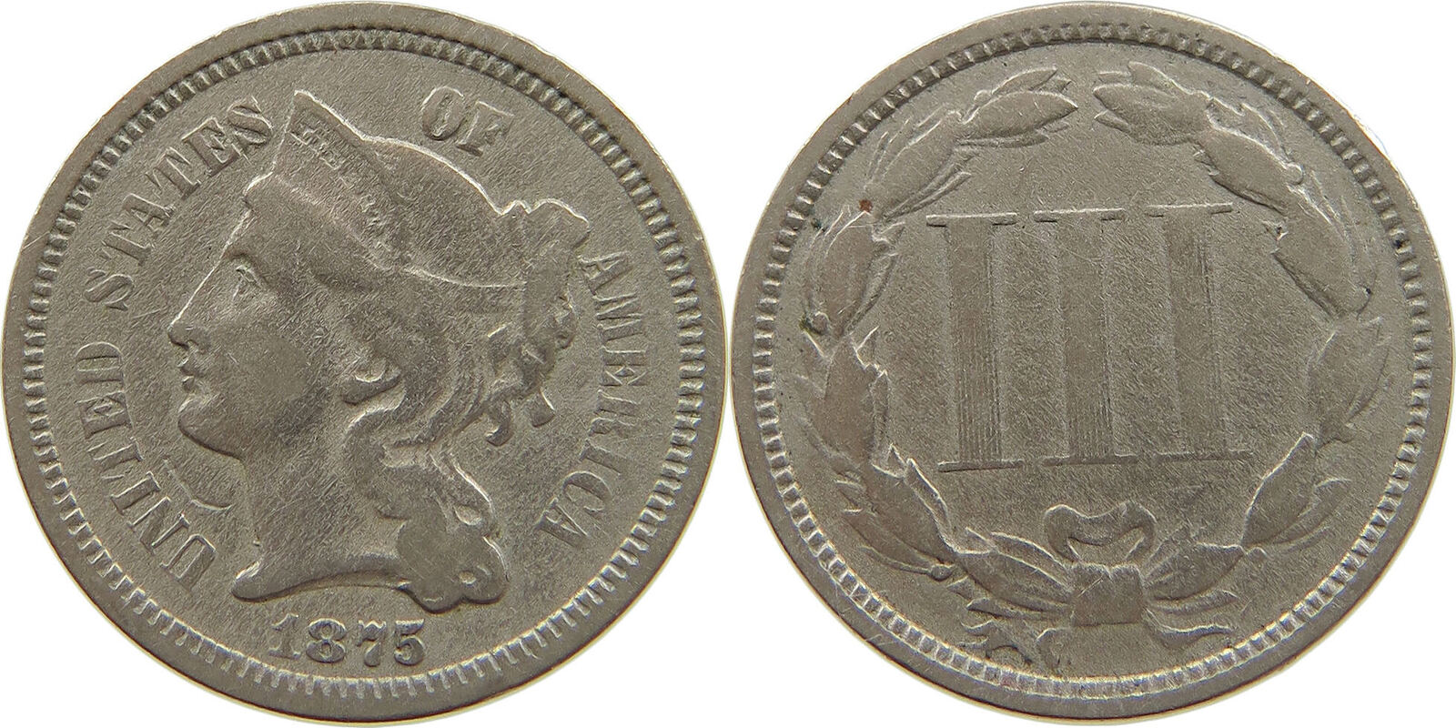 UNITED STATES OF AMERICA 3 CENTS 1875 NICKEL S-SS | MA-Shops