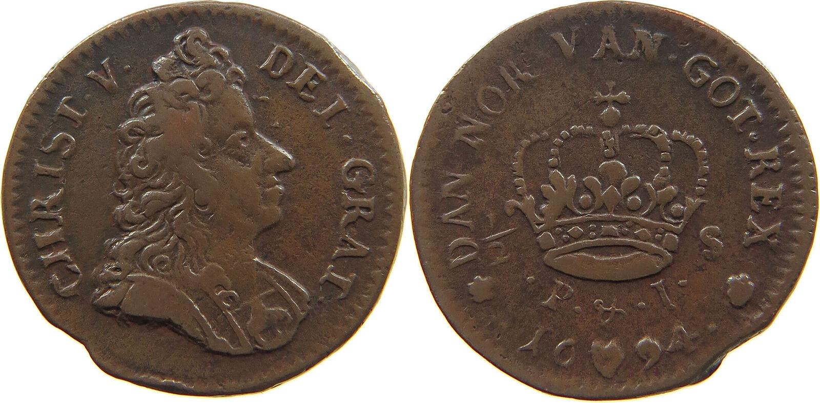 DENMARK 1/2 SKILLING 1694 CHRISTIAN V. (1670-1699) S-SS | MA-Shops