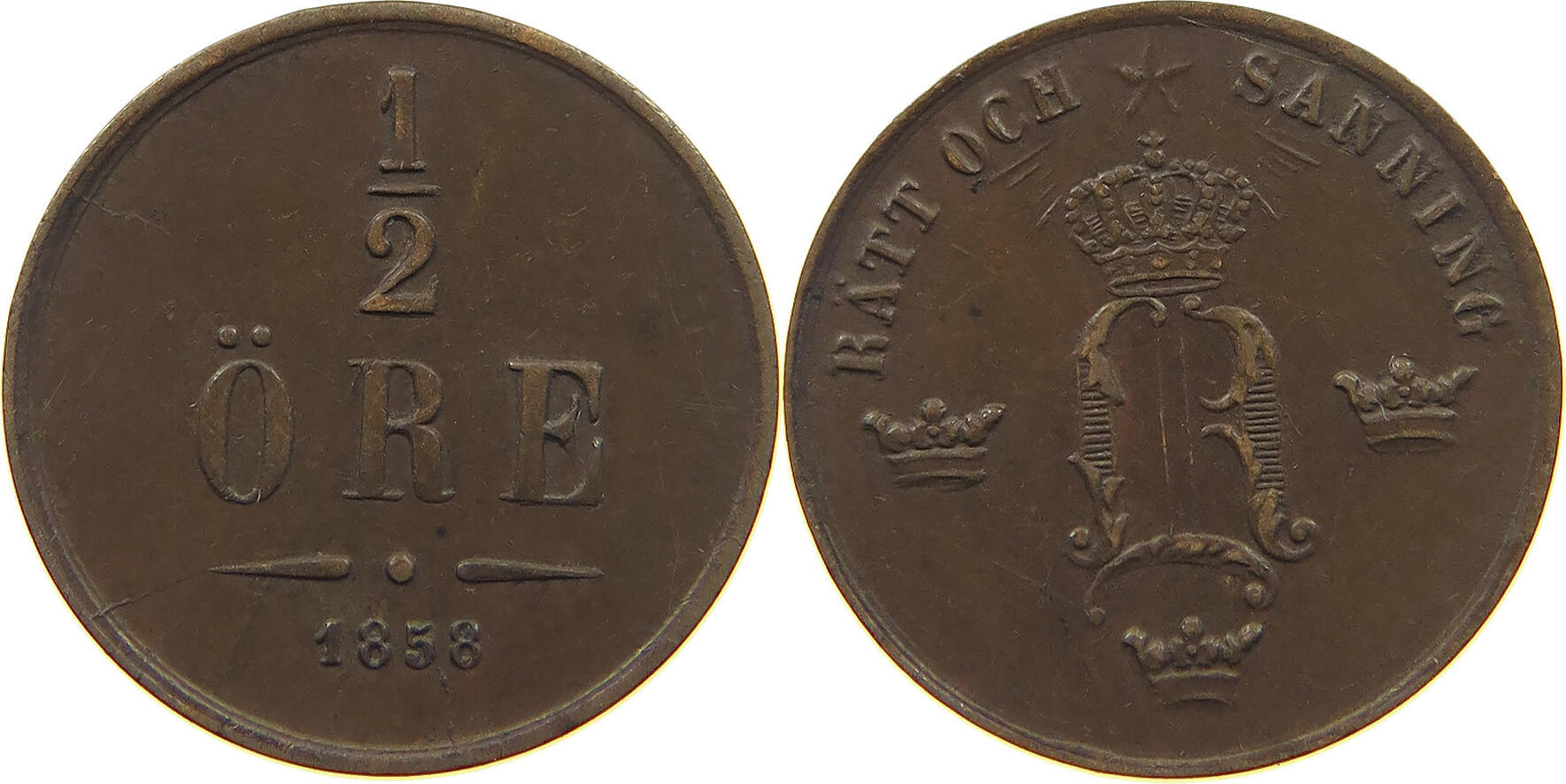 SWEDEN 1/2 ORE 1858 Oskar I. 1844-1859. SS | MA-Shops