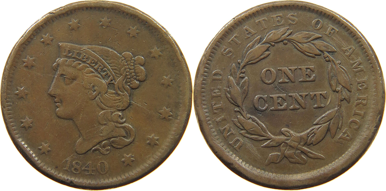 USA LARGE CENT 1840 BRAIDED HAIR SS- | MA-Shops