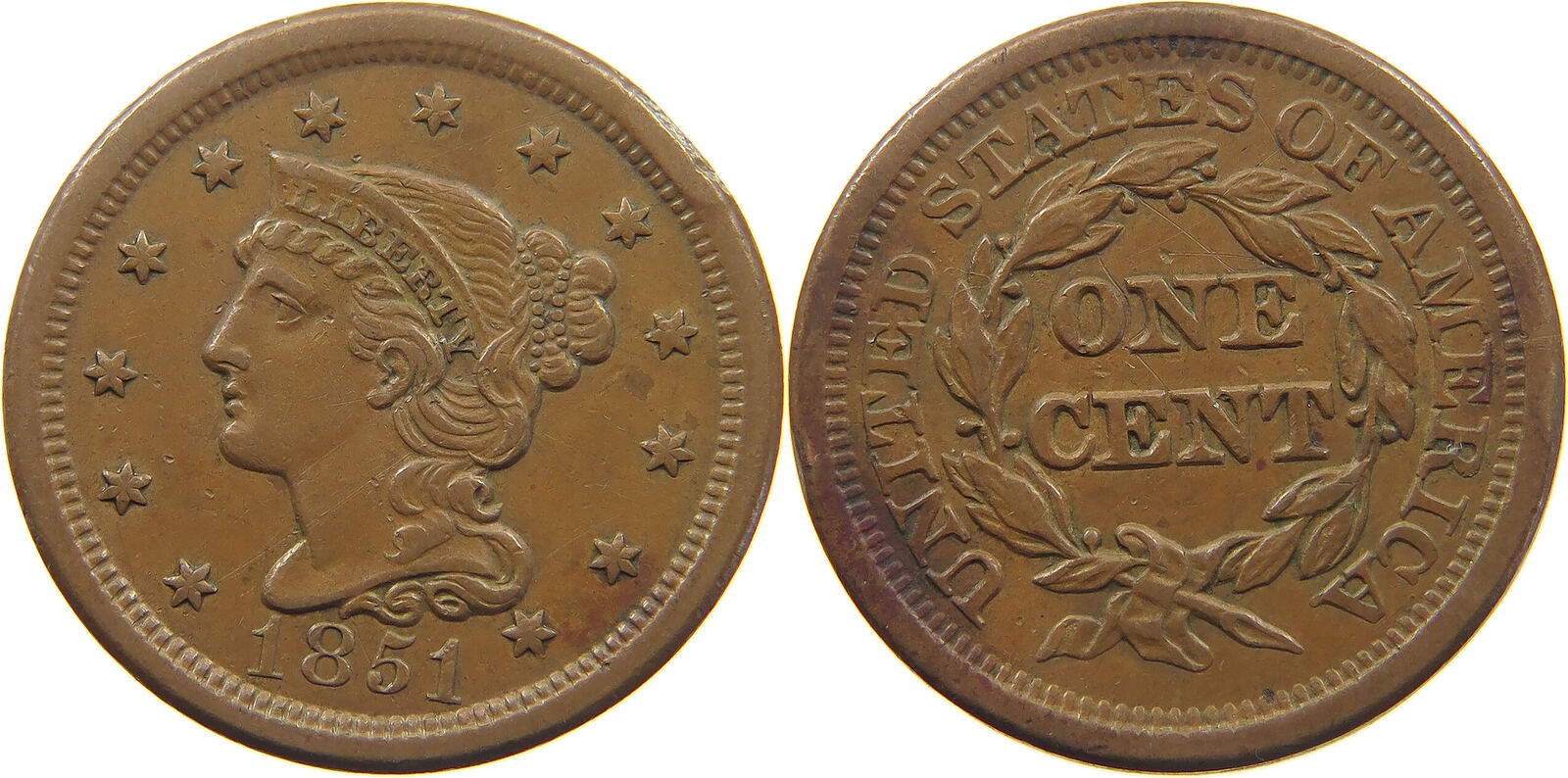 USA LARGE CENT 1851 BRAIDED HAIR SS | MA-Shops