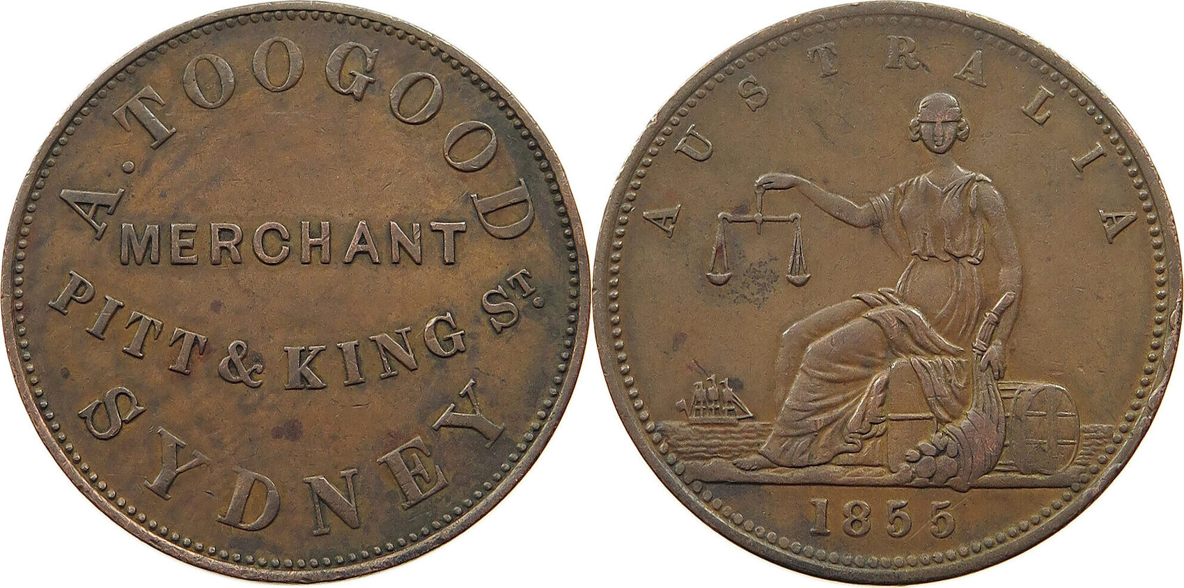 AUSTRALIA PENNY TOKEN Victoria (1837-1901) 1855 PITT KING SYDNEY TOGOOD ...