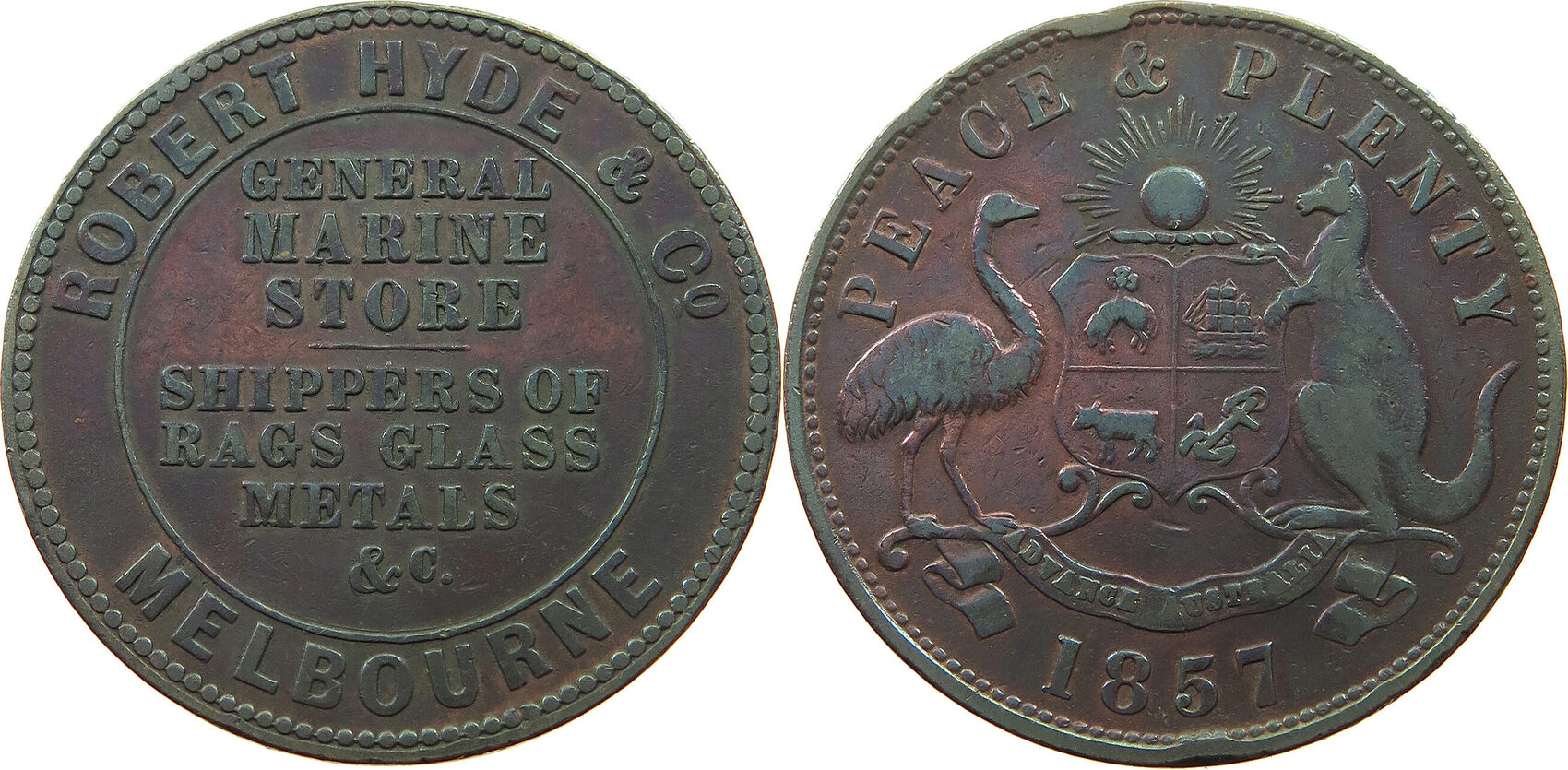 AUSTRALIA PENNY TOKEN 1857 Victoria (1837-1901) MELBOURNE ROBERT HYDE ...