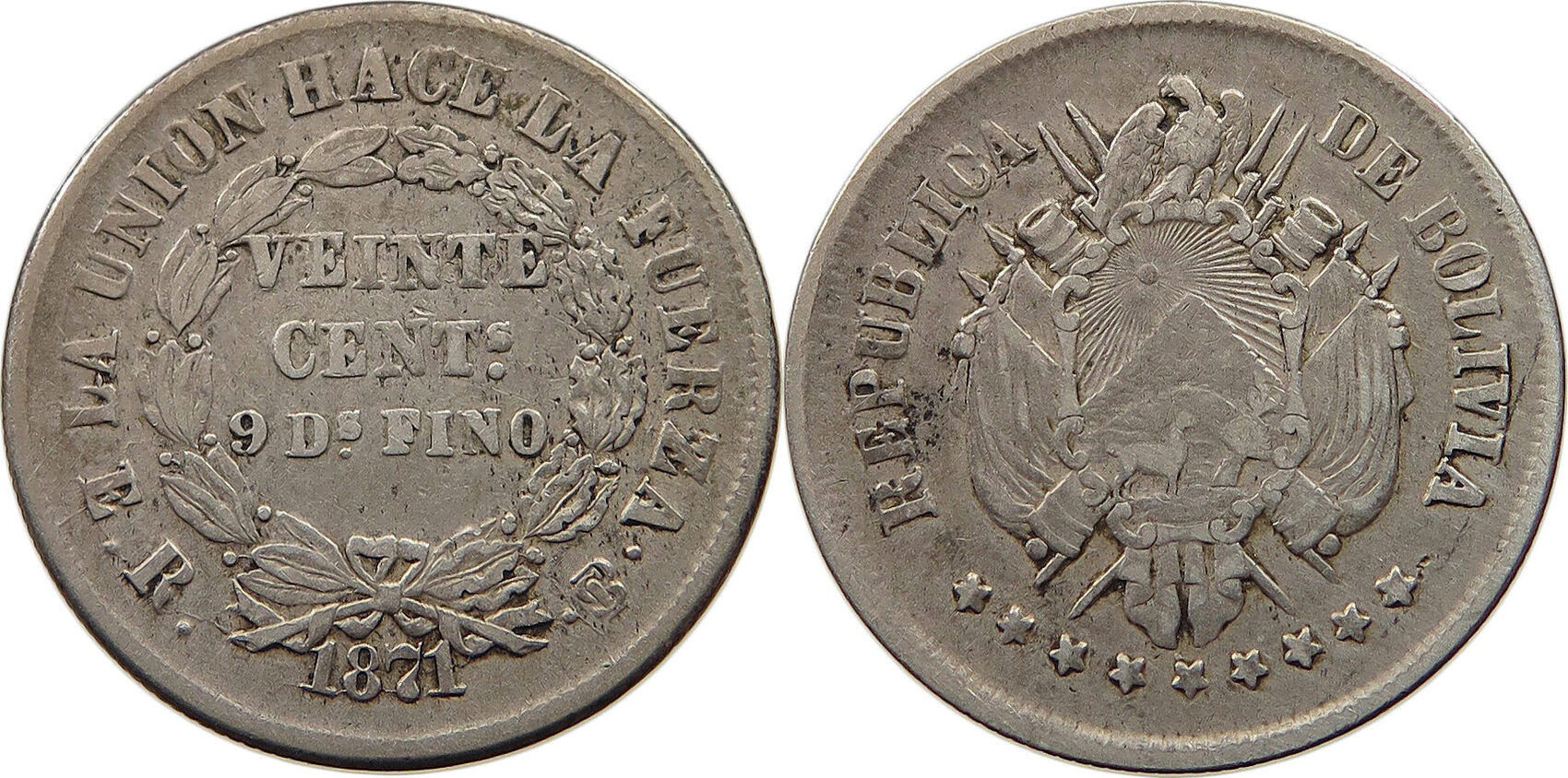 BOLIVIA 20 CENTAVOS 1871 RARE SS | MA-Shops